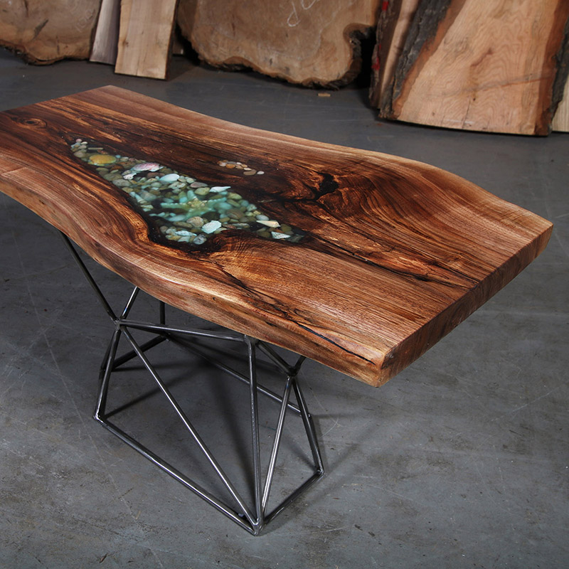 Walnut Live Edge Epoxy Shell Coffee Table Geometric Base - Anglewood ...