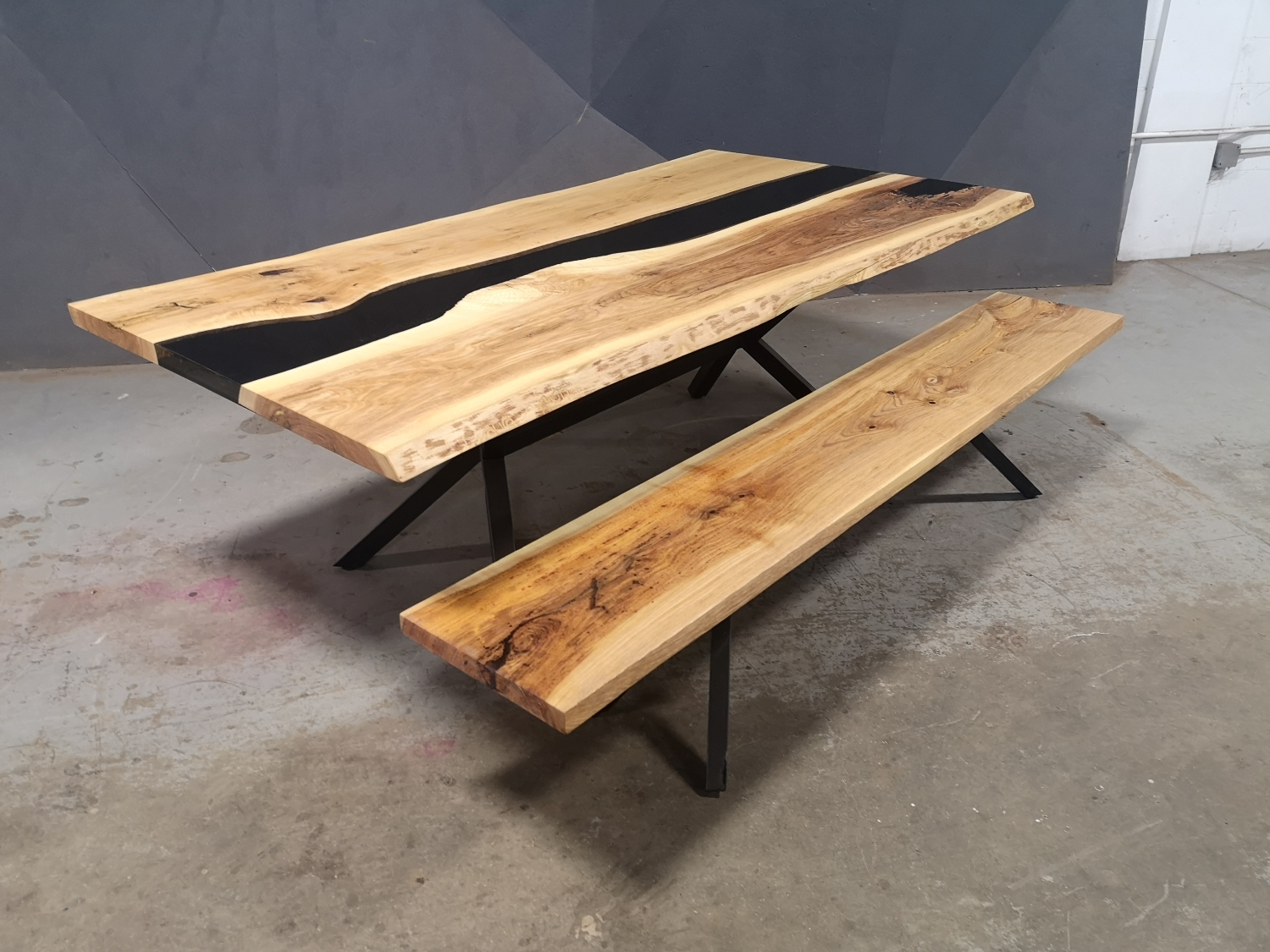 Maple Dining Table and Bench with Black Base Clear Polished Top Epoxy ...