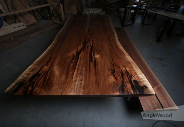Walnut Live Edge Dining Table and Bench K Shape Legs - Anglewood Furniture