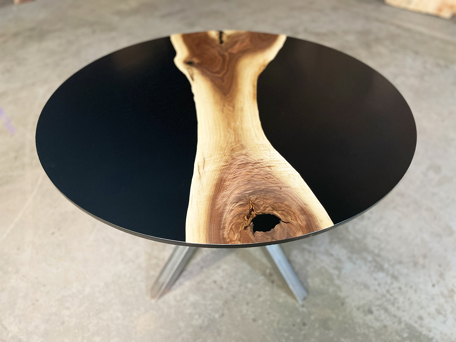 Dining Round Walnut Table with Solid Black Epoxy - Anglewood Furniture