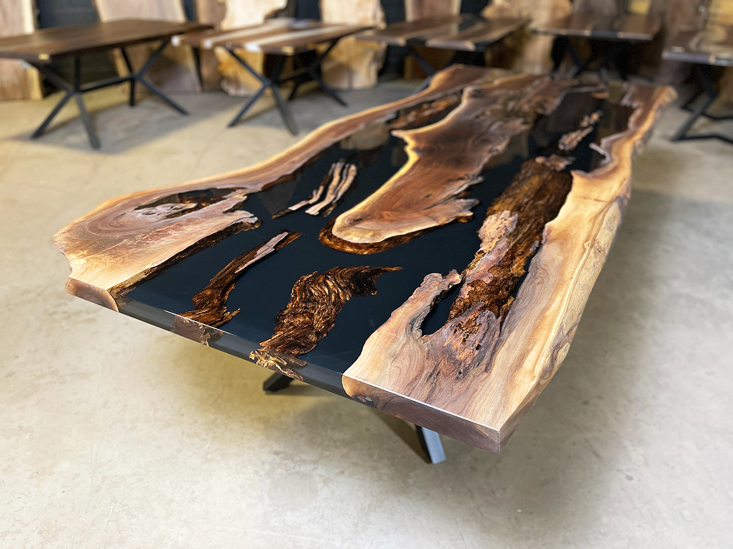 Walnut Dining Live Edge River Table with Solid Black Base Clear ...