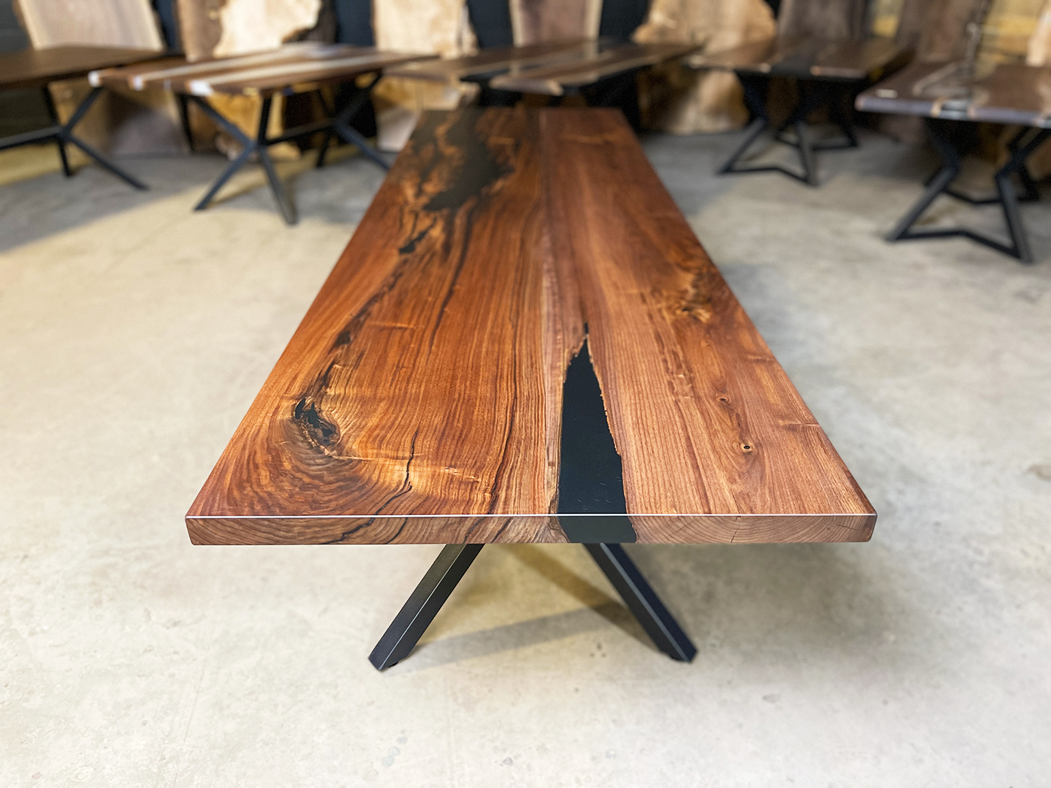 Narrow Walnut Dining Table with Solid Black Epoxy - Anglewood Furniture