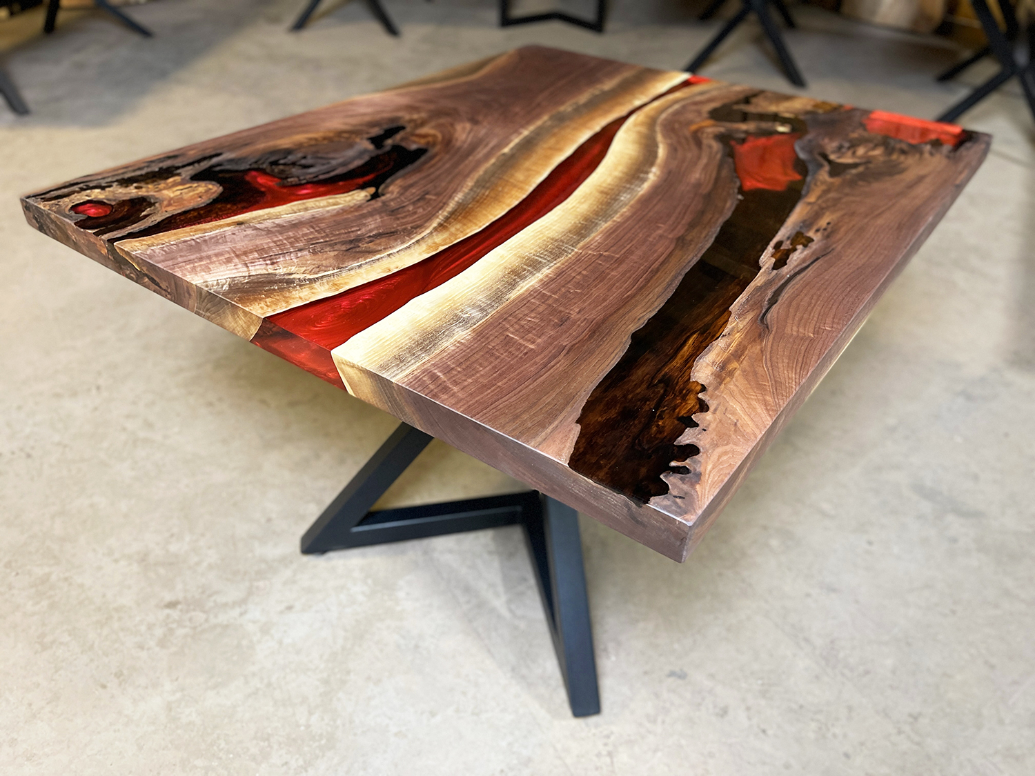 Walnut River Coffee Table with Ruby Red Base Clear Polished Top Epoxy ...