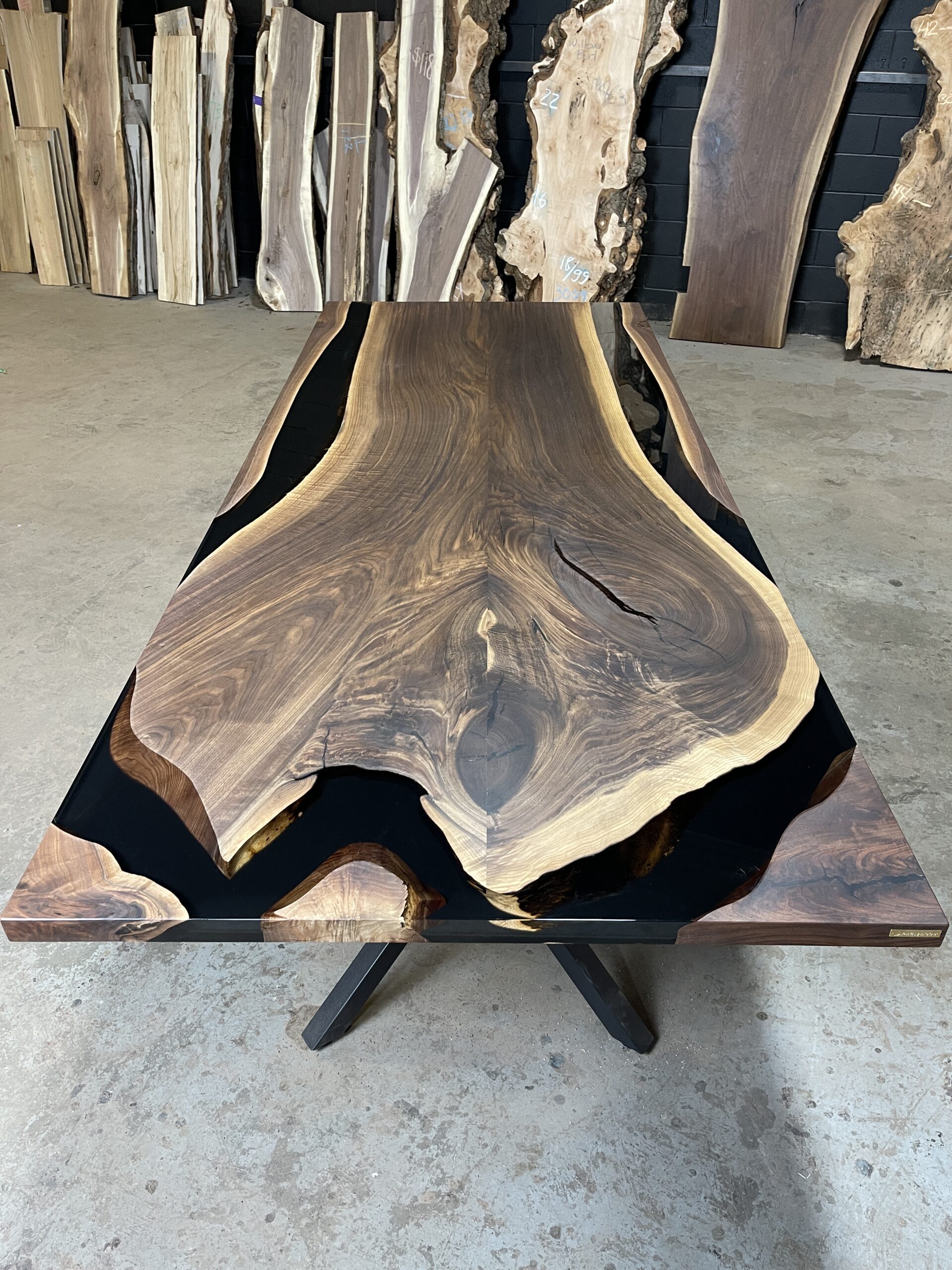 Single Slab Walnut Dining Table with Flat Black Base and Clear Polished ...