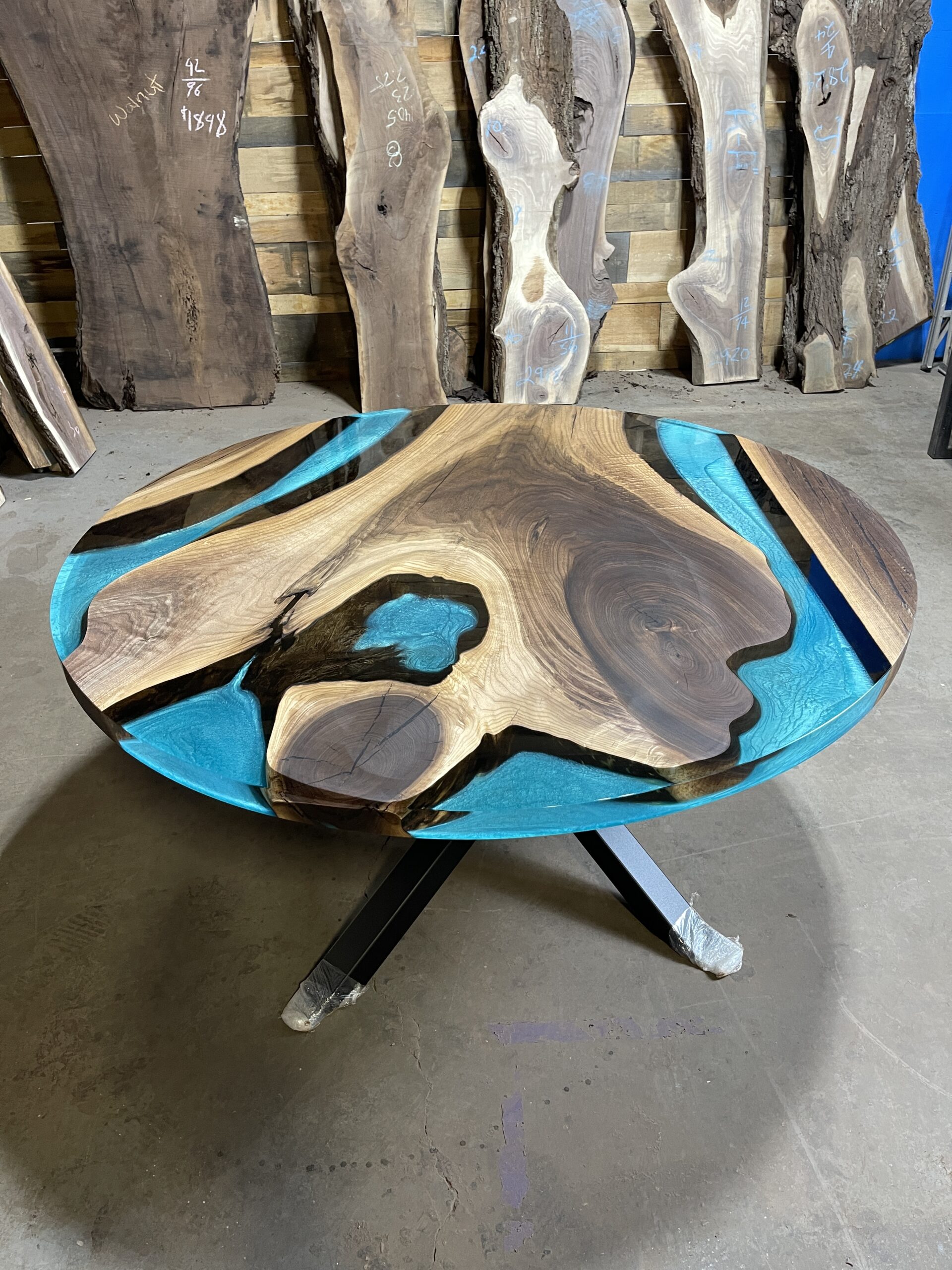 Round Walnut Dining Table with Teal Epoxy Base Layer and Polished Clear ...