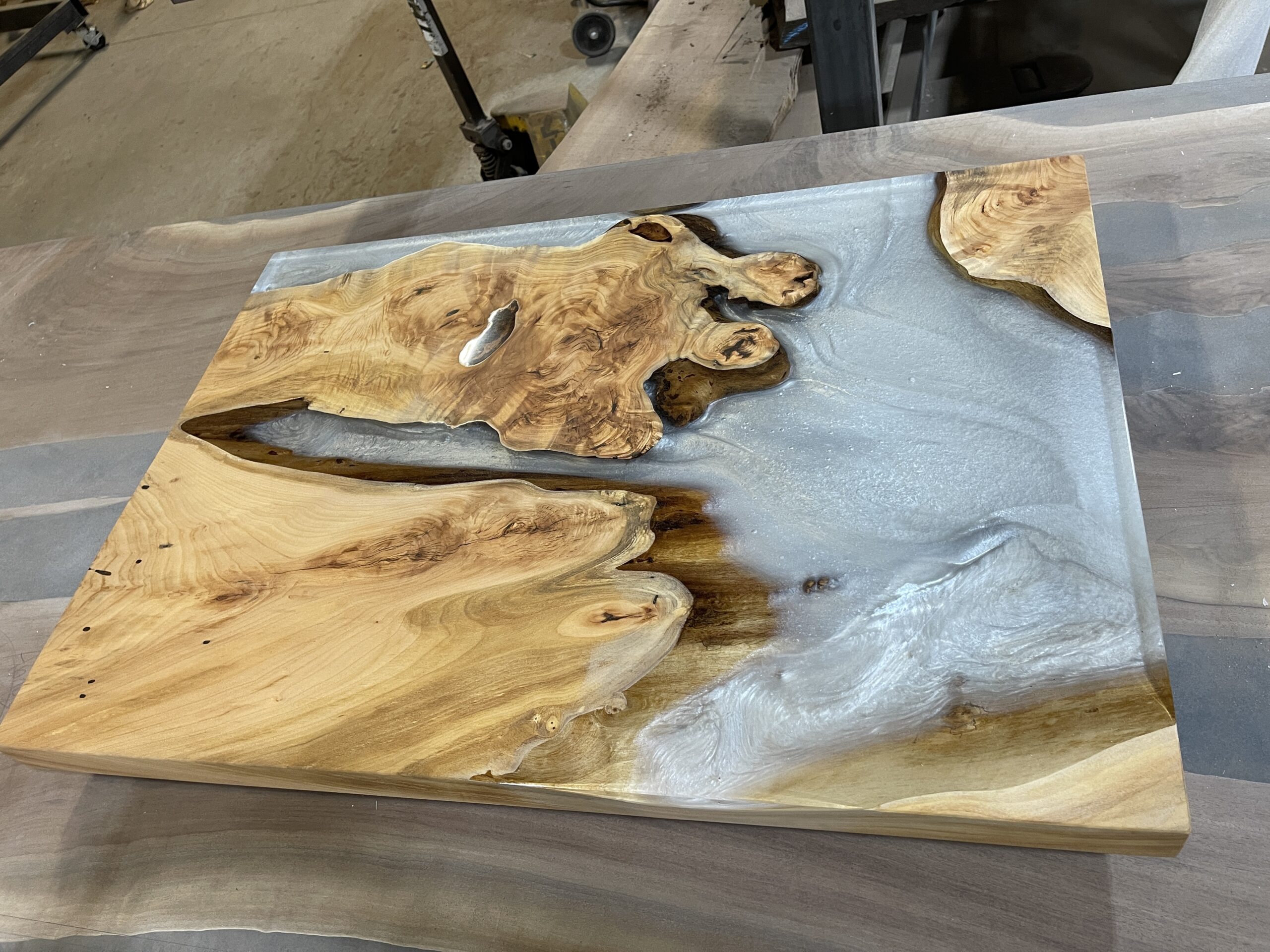 Willow Burl Desk Top with Metallic White Base Epoxy Layer and Polished ...