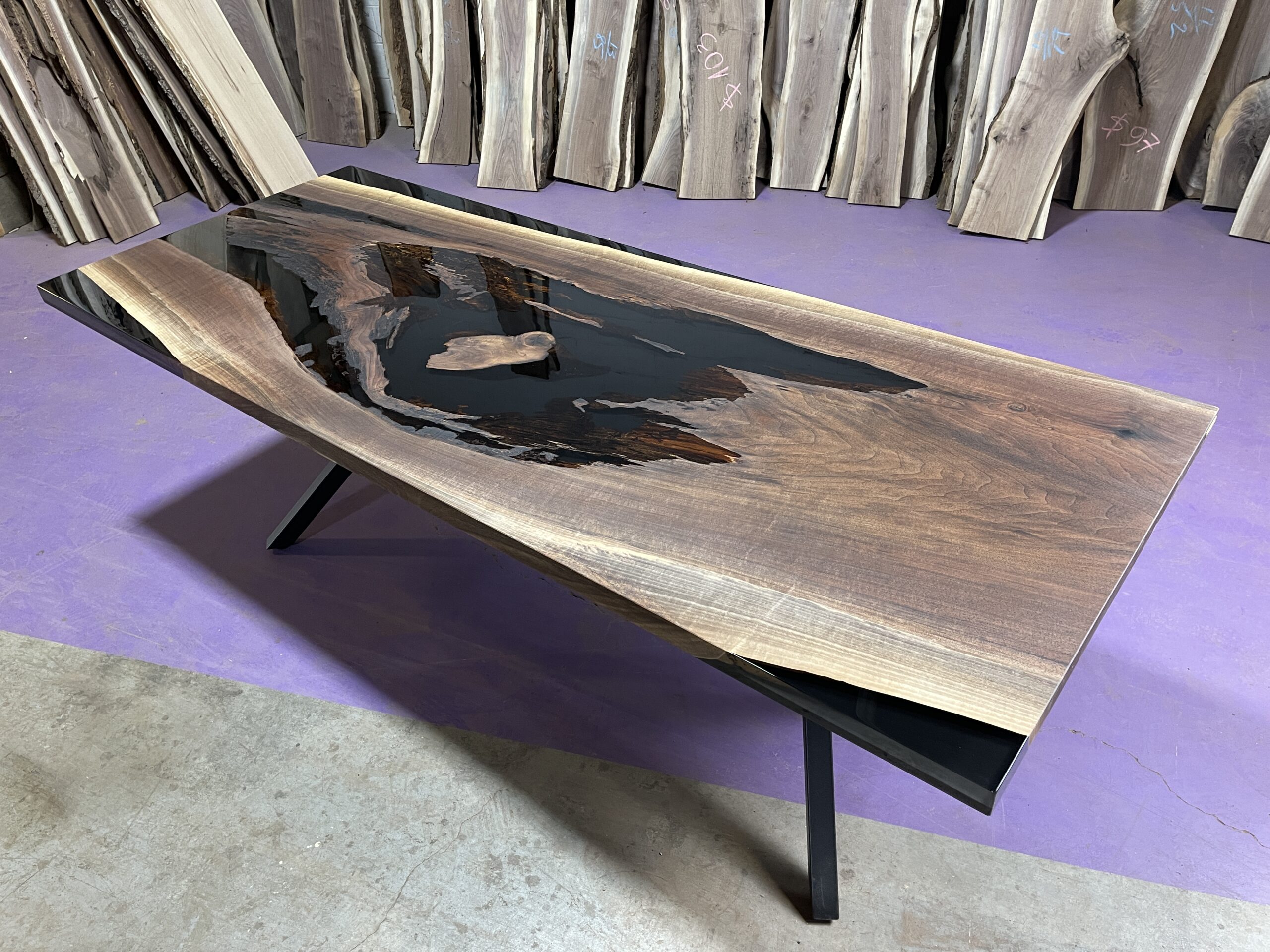 Single Slab Walnut Dining Table with Black Base Epoxy Layer and ...