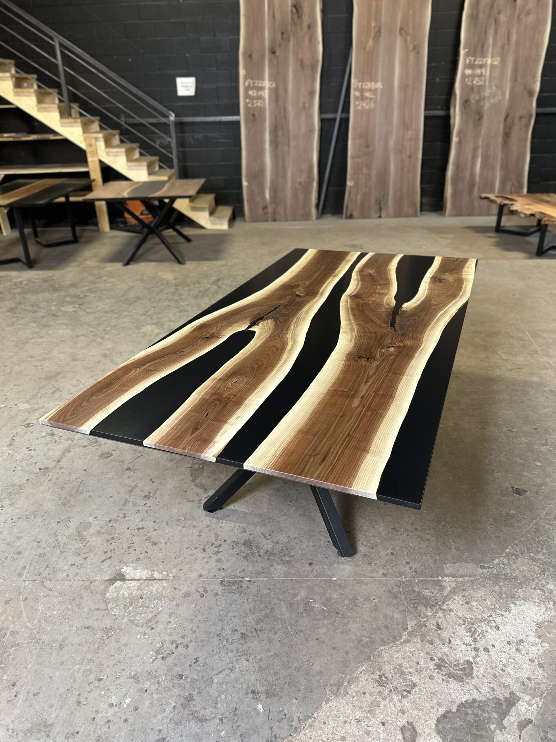 Walnut Dining Table with Black Epoxy Rivers - Anglewood Furniture
