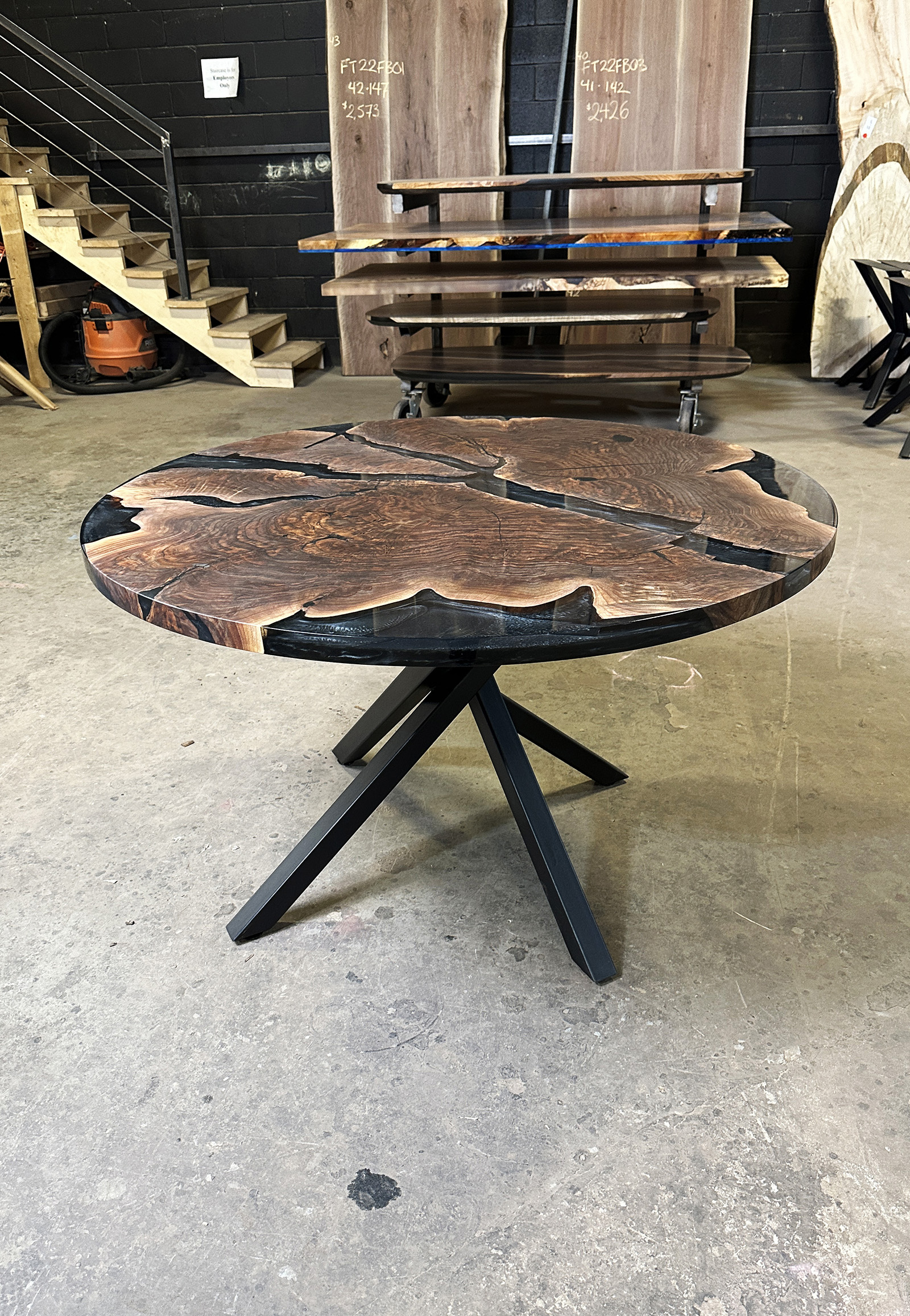 Dining Round Walnut Table with Black Epoxy - Anglewood Furniture