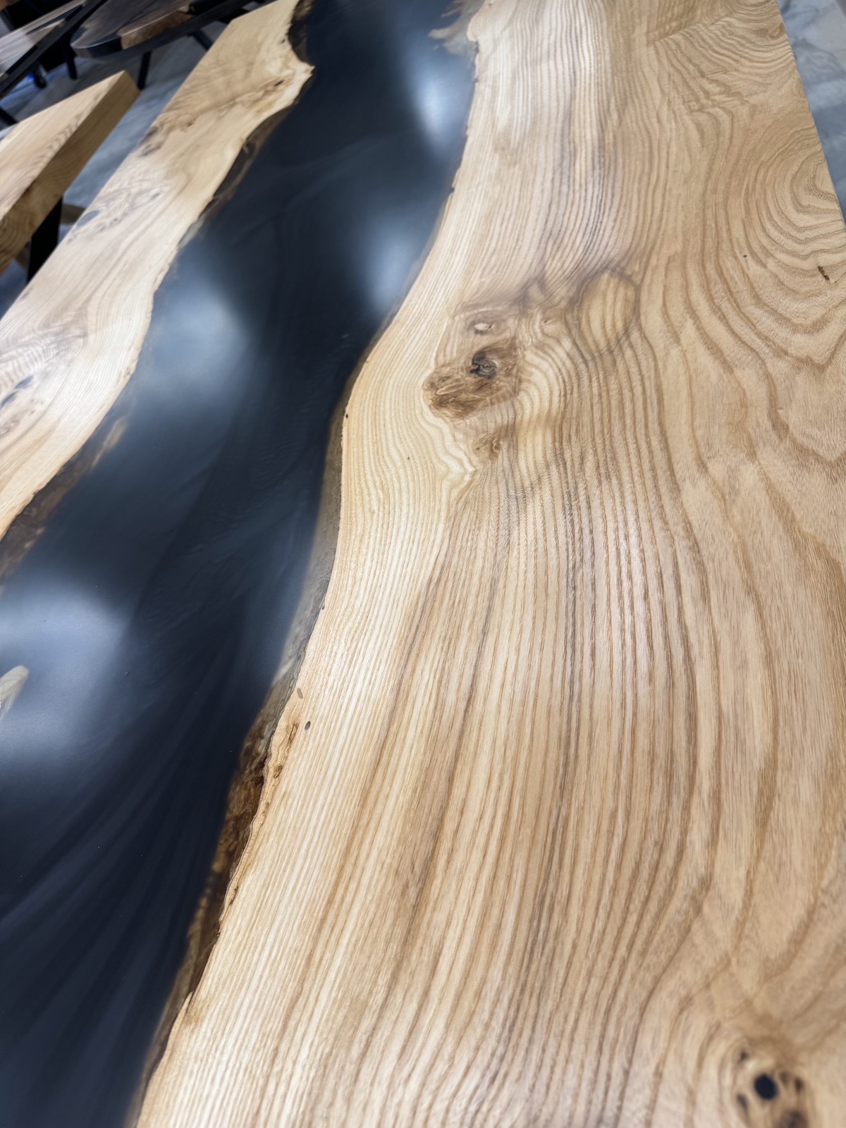 Live Edge Dining Table Canada – Ash & Dark Blue Epoxy - Anglewood Furniture