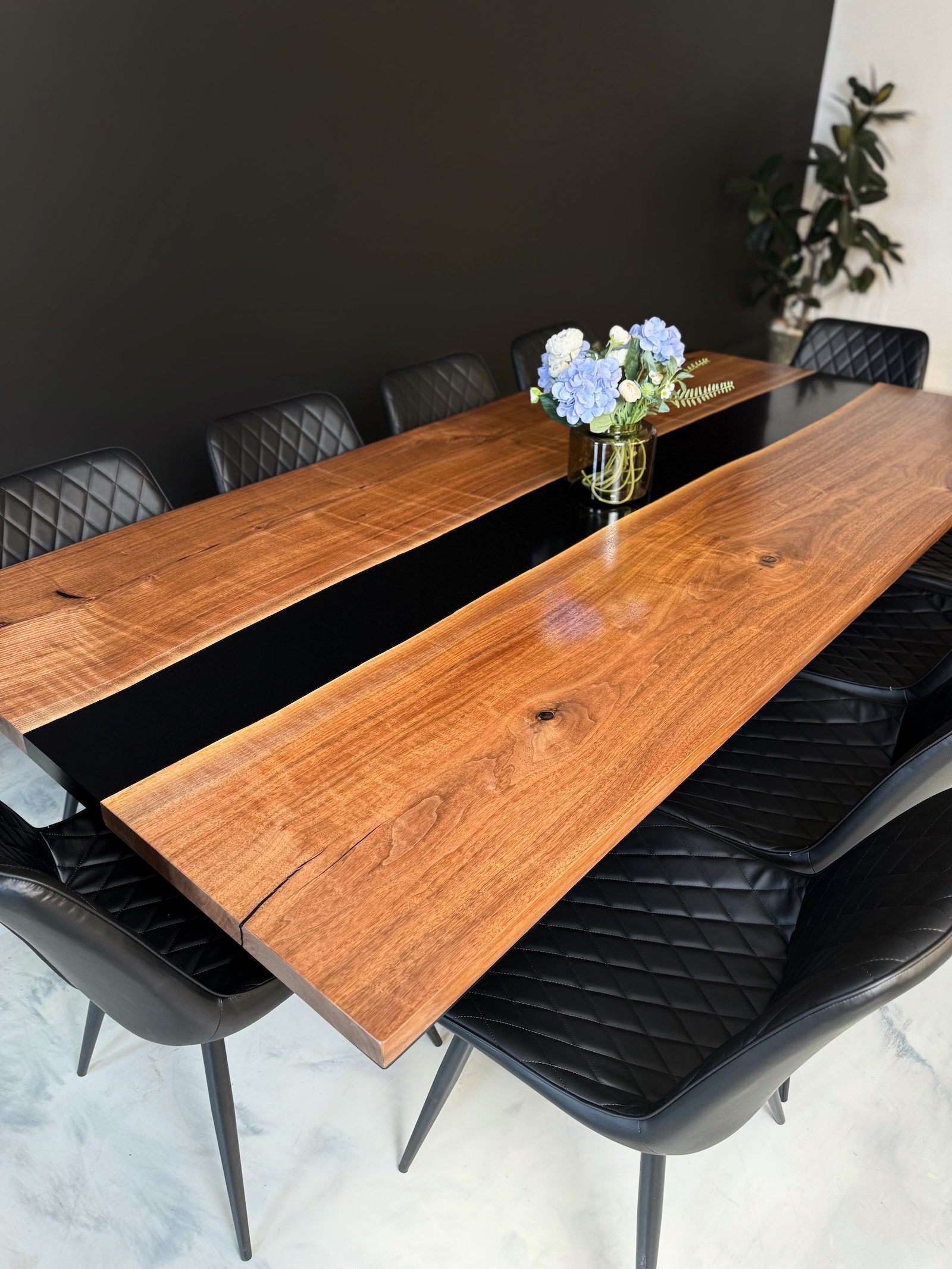 Walnut Wood And Black Epoxy Dining Table - Anglewood Furniture