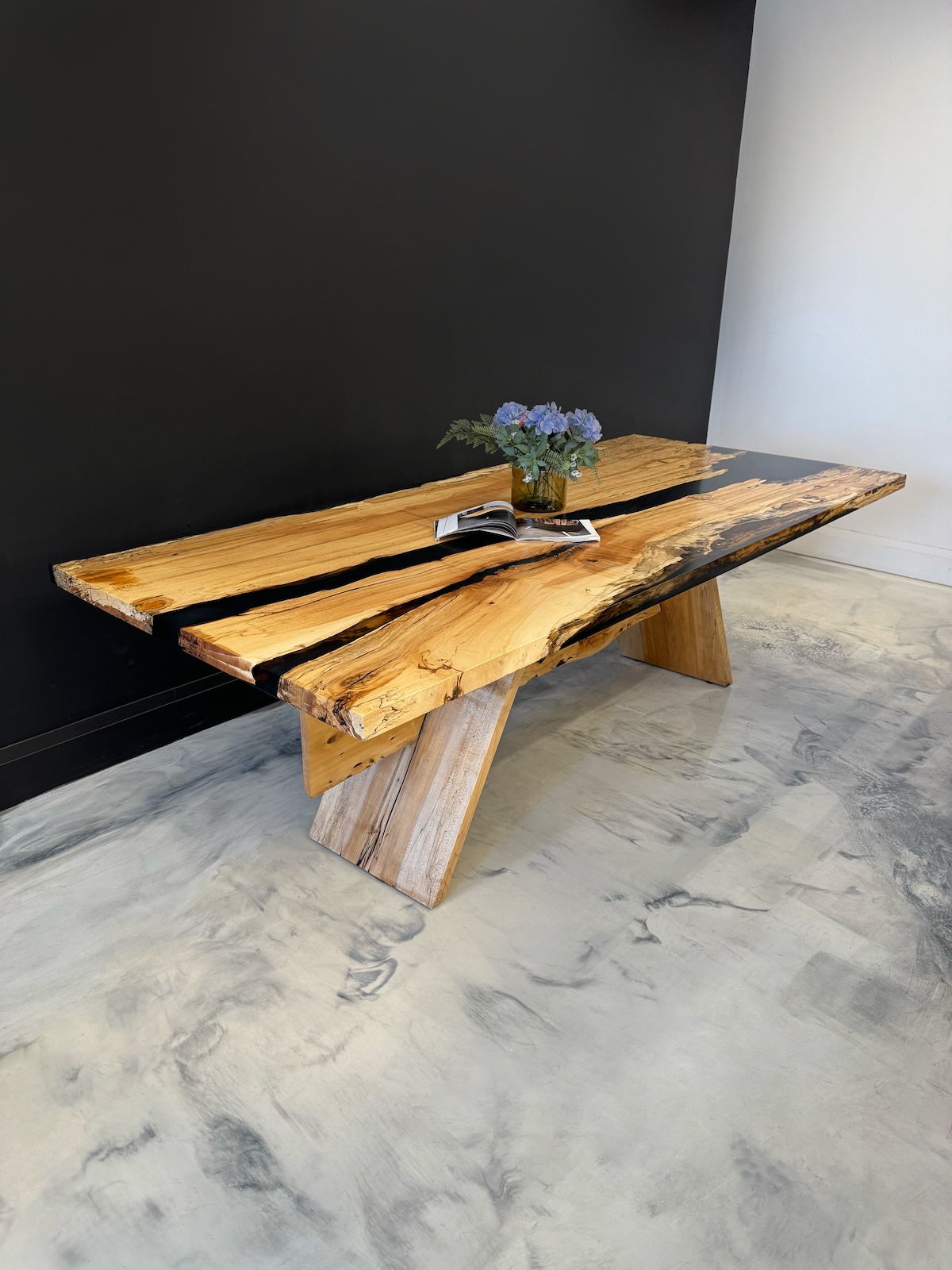 Custom Maple Dining Table – Black Polished Epoxy - Anglewood Furniture